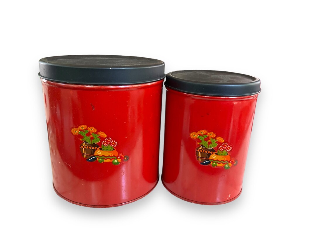 Lot of 2 Red Canisters With Decal, Housewares Box Container, Vintage ...