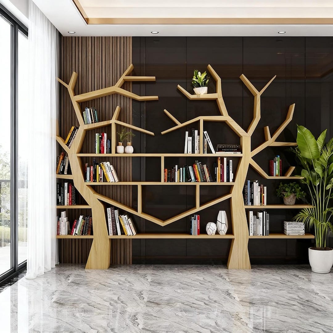 Large Tree Bookshelf | Solid Wood Tree Wall Shelf | Extra Wide Floor ...