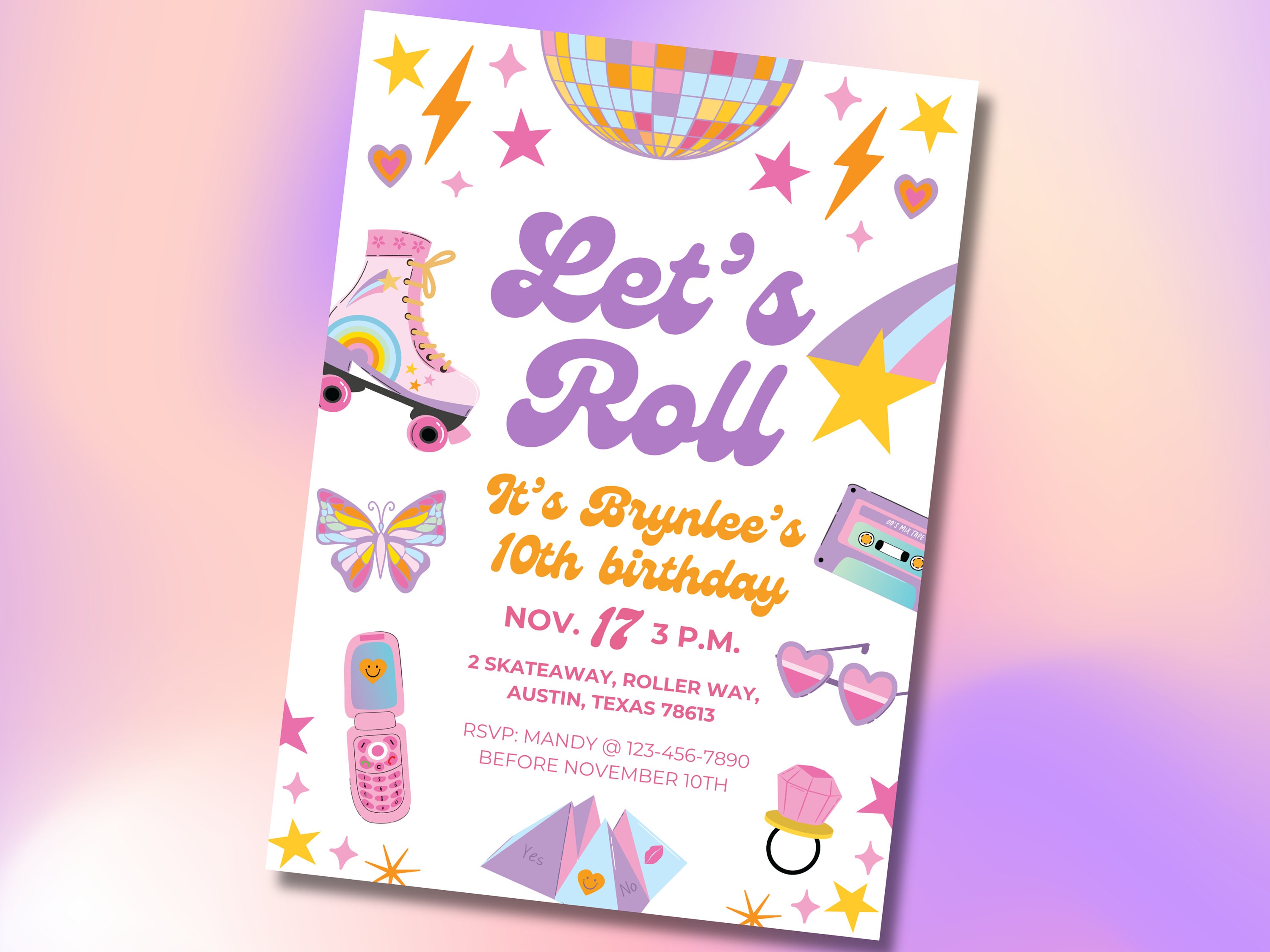 Editable Roller Skating Birthday Party Invitation Retro Groovy Roller ...
