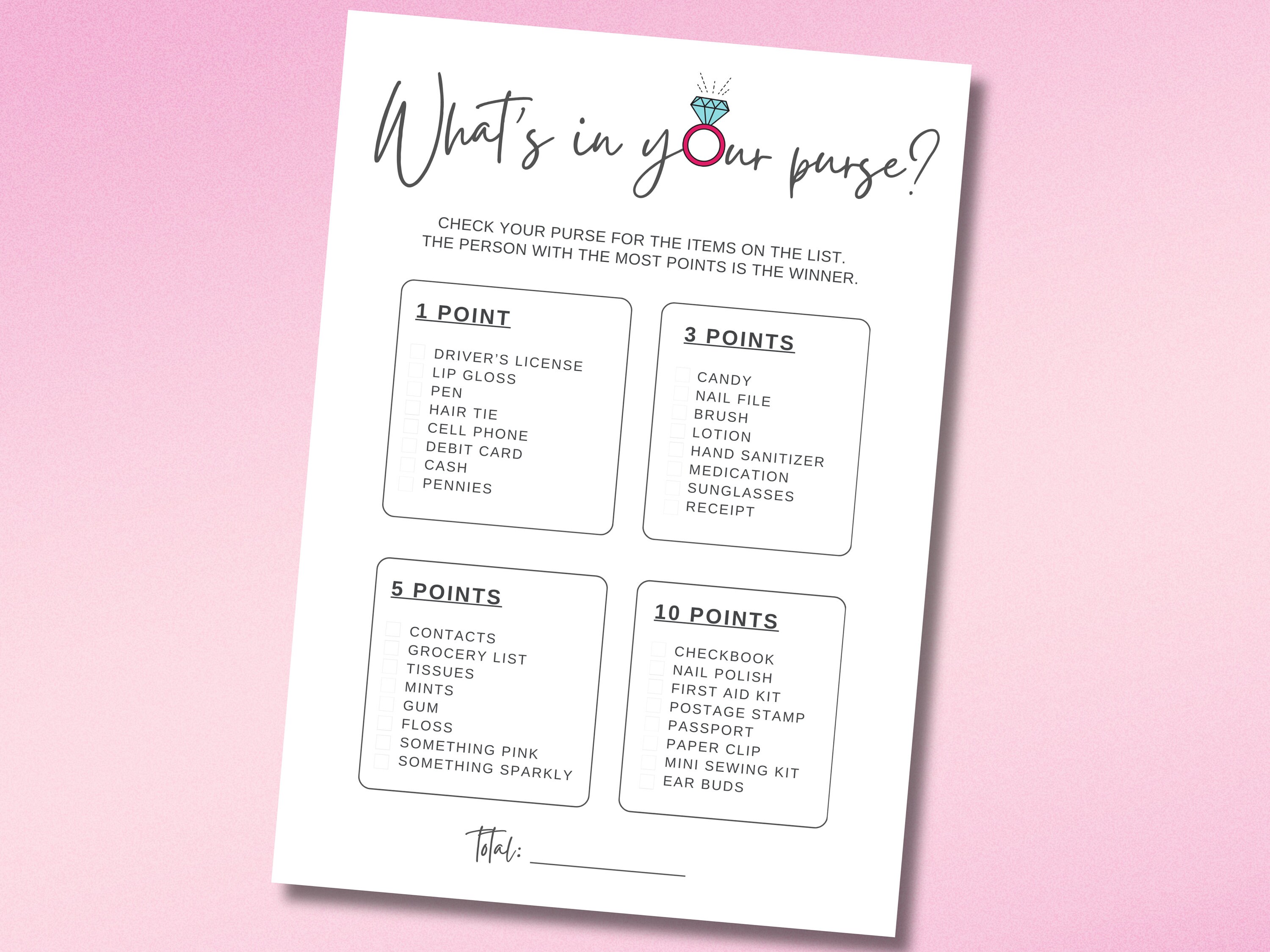 What's in Your Purse Game, Printable Bridal Shower Game, Purse Game ...