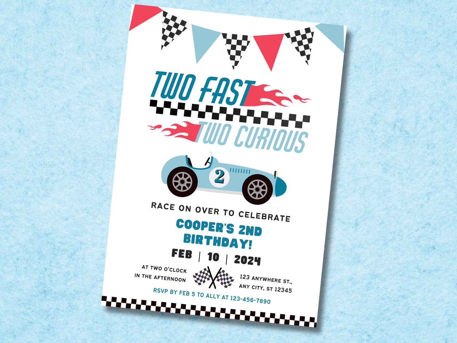 Editable Blue Race Car Birthday Invitation, Racing Birthday Invitation ...