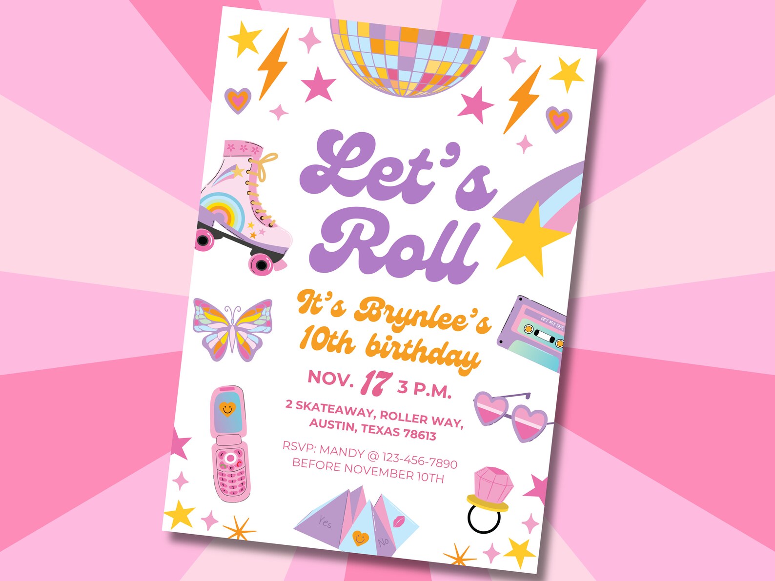 Editable Roller Skating Birthday Party Invitation Retro Groovy Roller ...