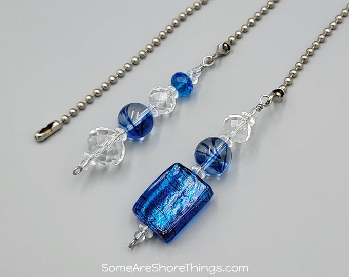 Ceiling Fan and Light Pull Chain Set With Rectangle Blue Swirl Glass ...