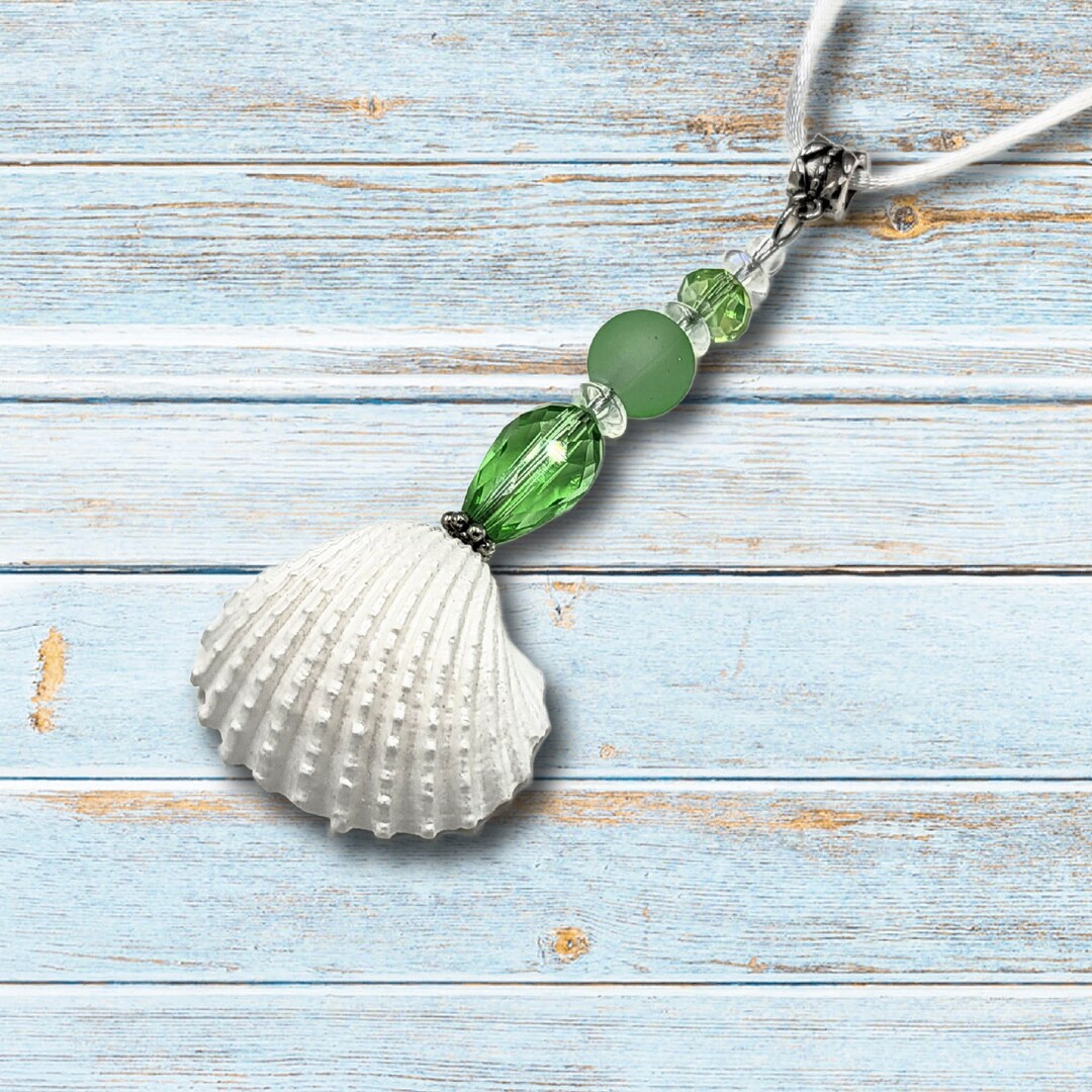 Car Charm. Beach Theme Rear View Mirror Ornament. White Ark Shell With ...