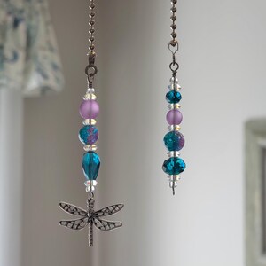 Dragonfly Ceiling Fan and Light Pull Chain Set, Teal and Purple Glass ...