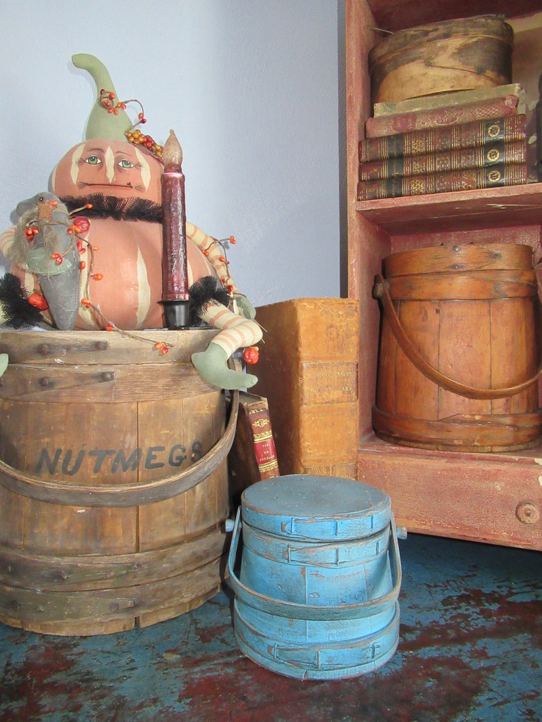 Tiny 4 1/2 Old Firkin/sugar Bucket/blue Paint-pantry Box-spice Box ...