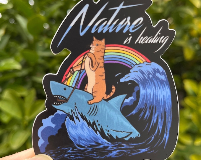 Cat Riding Shark Sticker for Laptop, Funny Cat Sticker, Cat Lover Gift ...