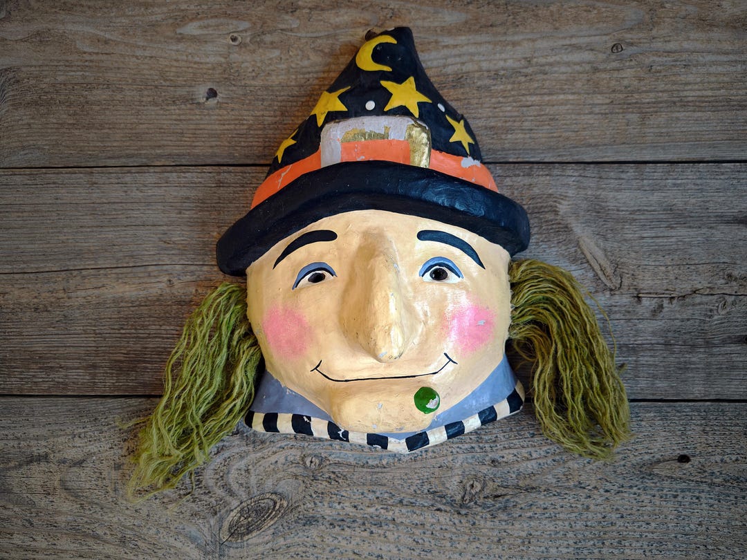 Halloween Witch Paper Mache Mask Decor - Folk Art - Vintage Home Decor ...