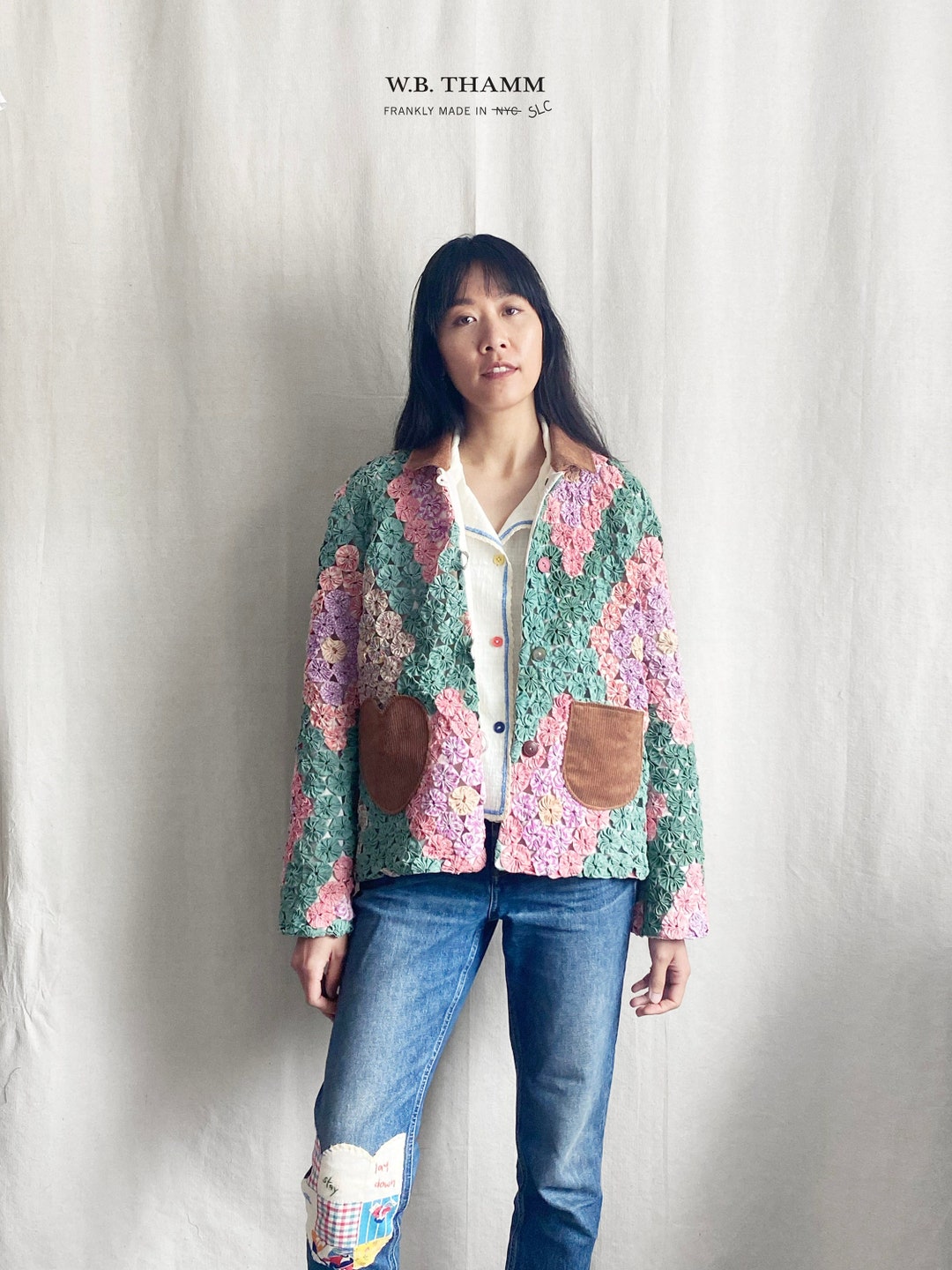 Yo-yo Quilt Blazer Jacket - Vintage 20s Quilt Green Pink Diamond ...