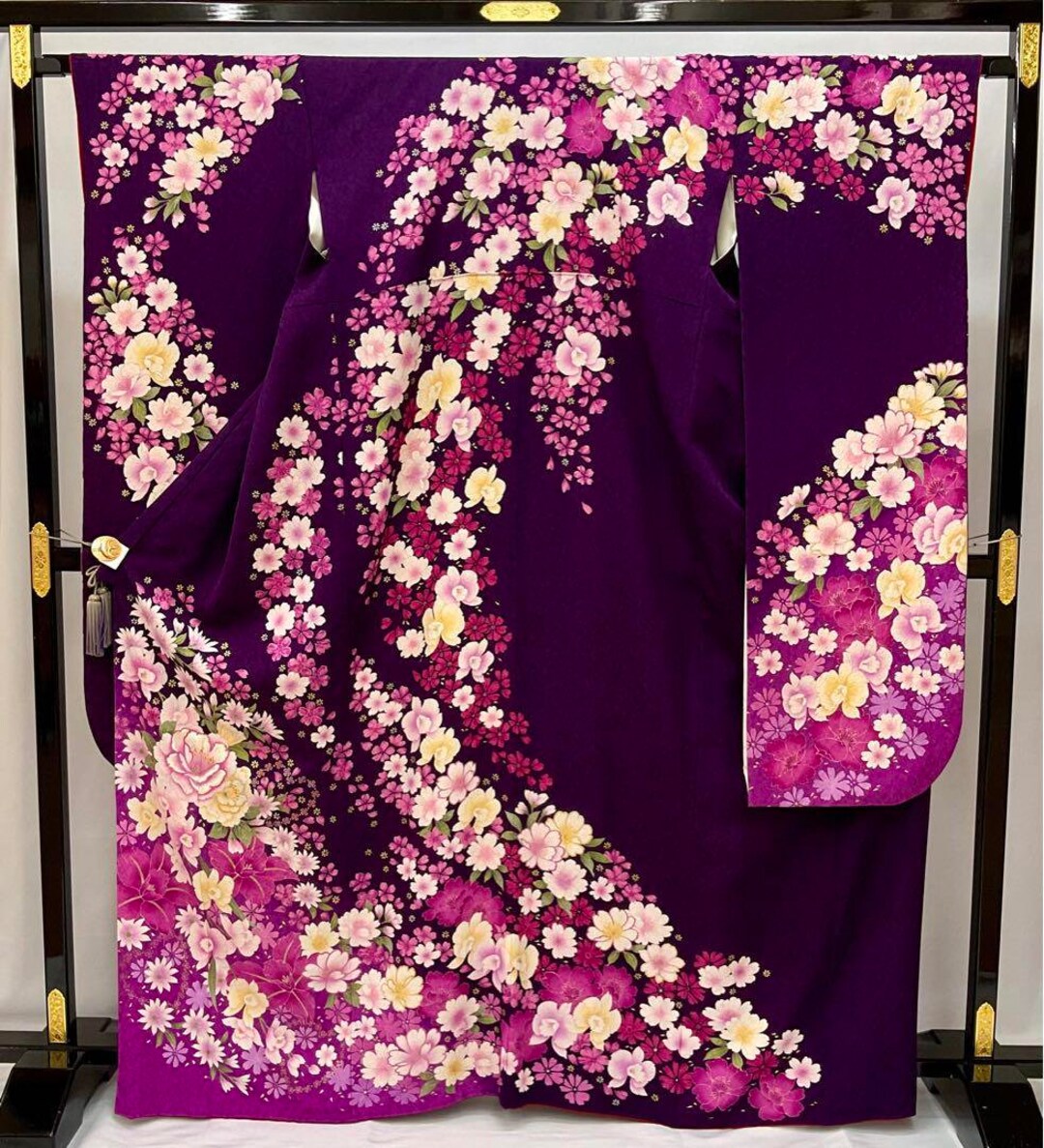 Vintage Authentic Kimono, Purple Furisode Kimono, Purple Furisode ...