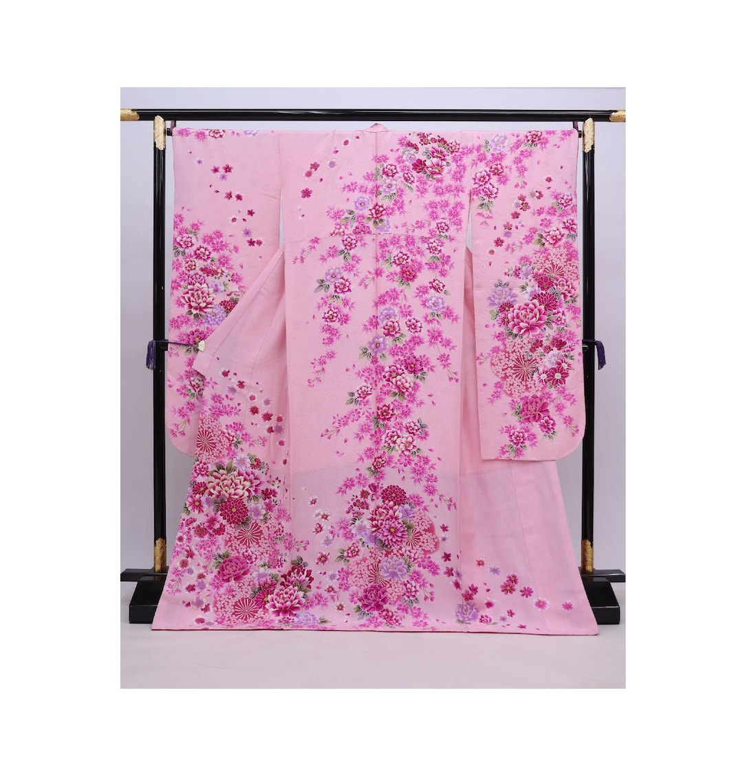 Pink Furisode, Sakura Floral Kimono, Japan Kimono Robe, Vintage Silk ...