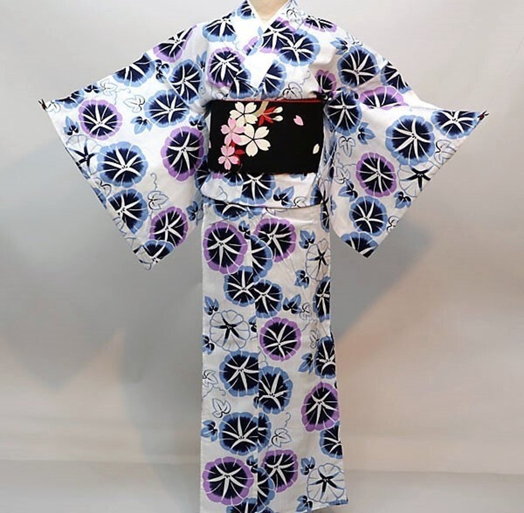 White Yukata Cotton Kimono Japanese Robe, Yukata From Japan, Cotton ...