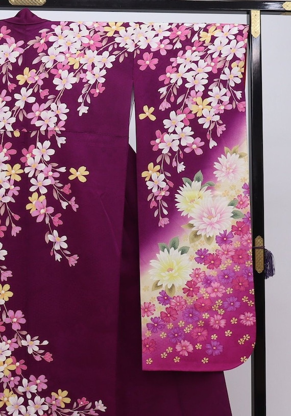 Vintage authentic kimono, Purple Furisode Kimono, Pur… - Gem