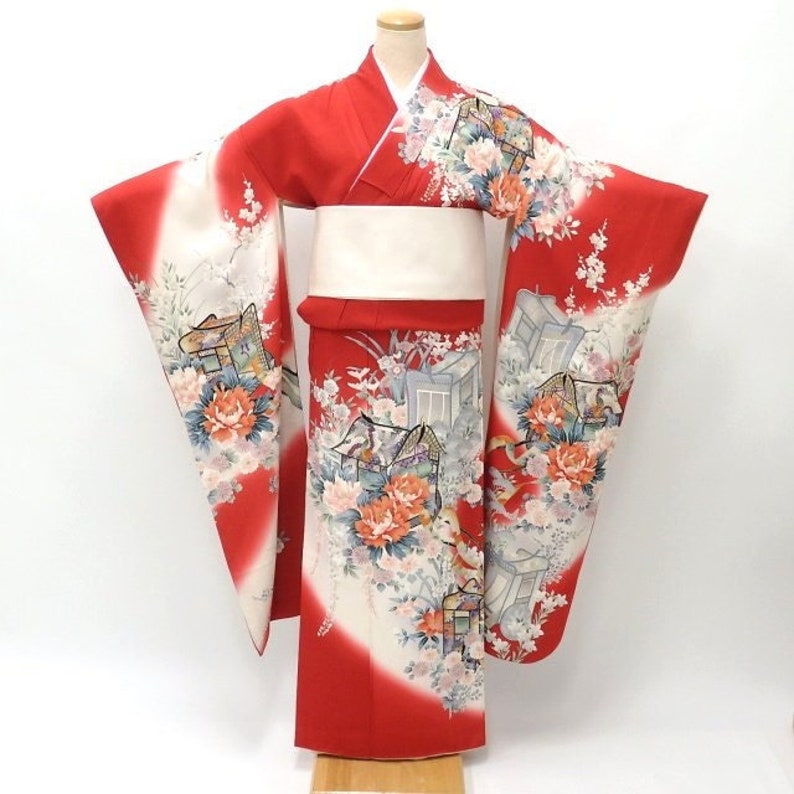 Furisode Kimono, Red Silk Furisode, Wedding Kimono Dress, Crane Bird ...