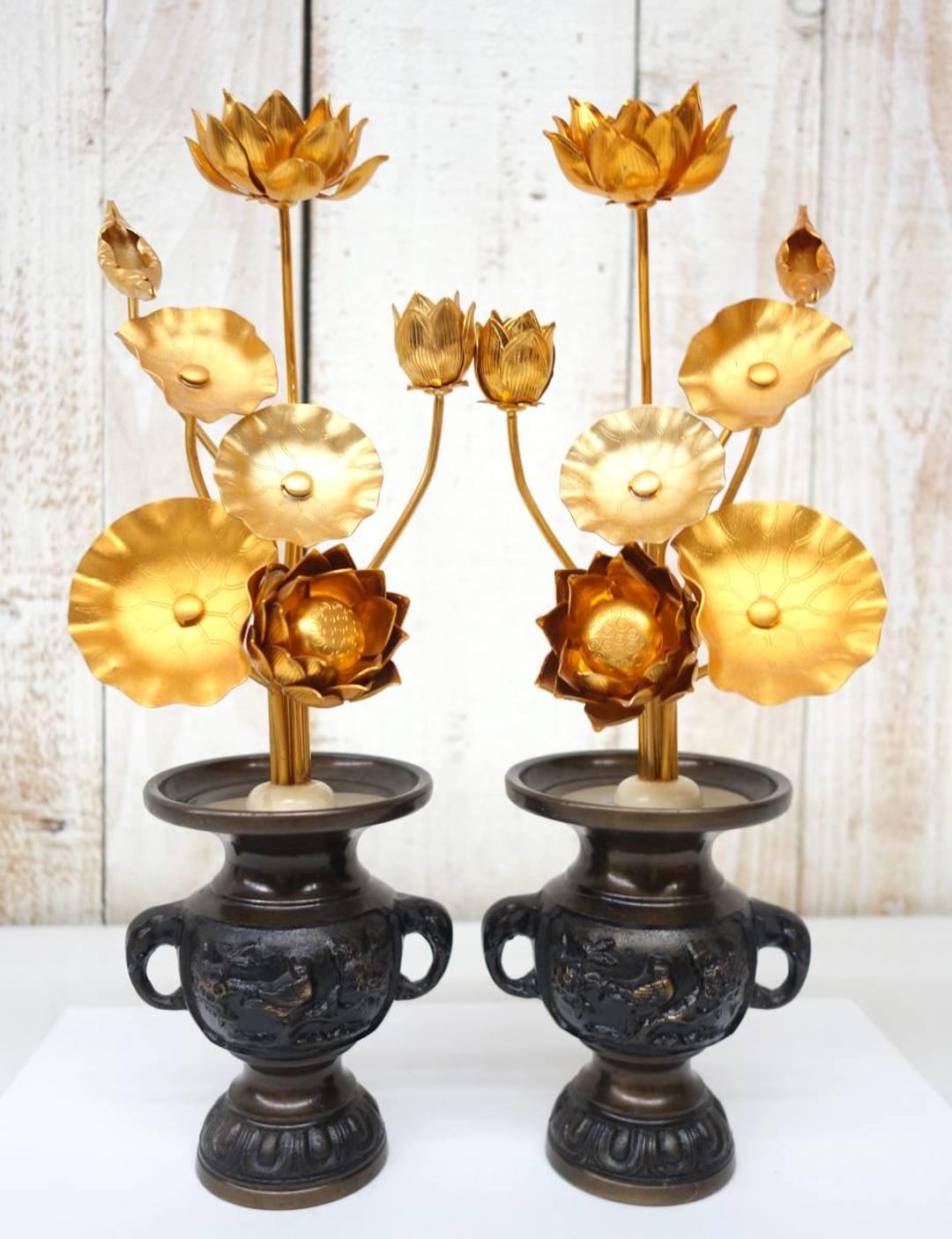 Japanese Vintage Buddhist Altar Ware Lotus Flower 7inch Tall Ornament ...