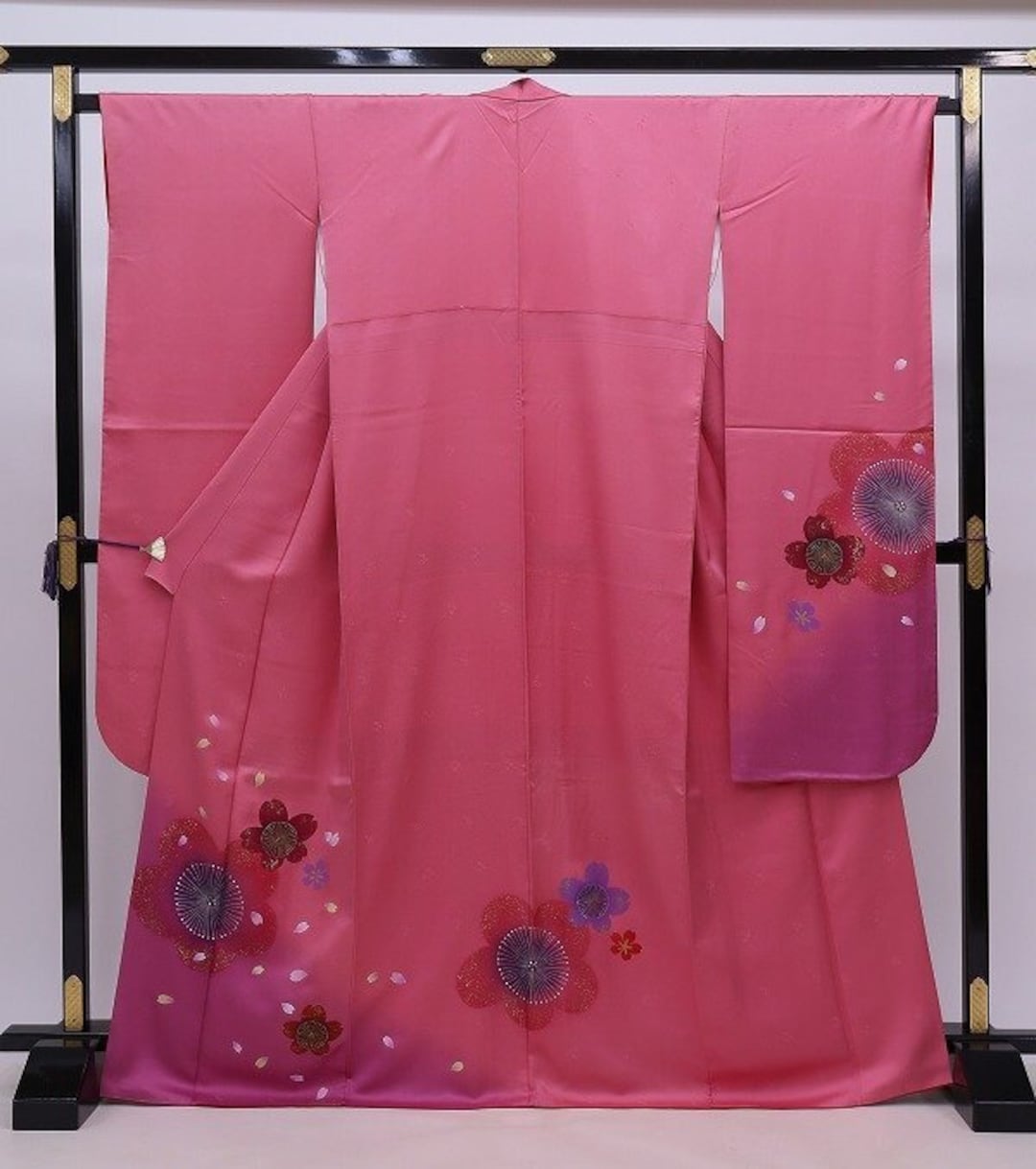 Furisode Kimono Pink Blue, Silk Furisode, XL Kimono, Wedding Kimono ...