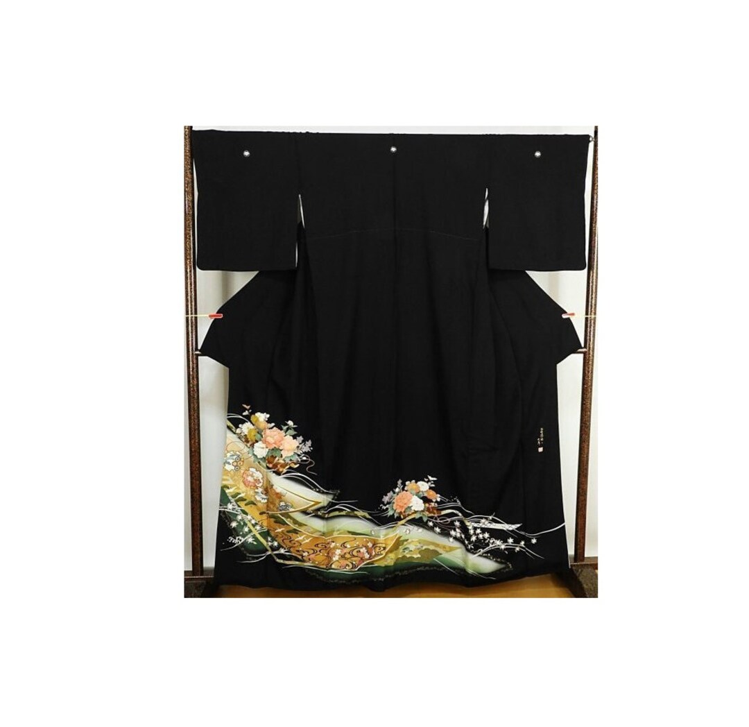Kimono Tomesode, Black Kimono, Woman Kimono Long, Vintage Tomesode, Japanese Dress Black, Womens ...