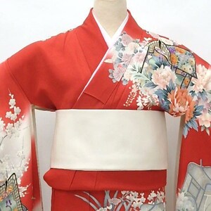 Furisode Kimono, Red Silk Furisode, Wedding Kimono Dress, Crane Bird ...