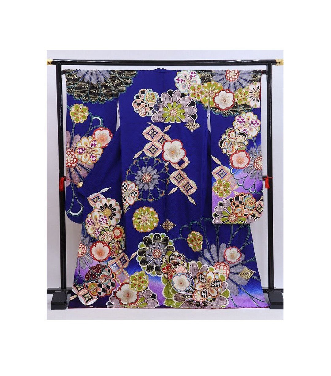 Vintage Authentic Kimono, Blue Furisode Kimono, Blue Furisode Floral ...