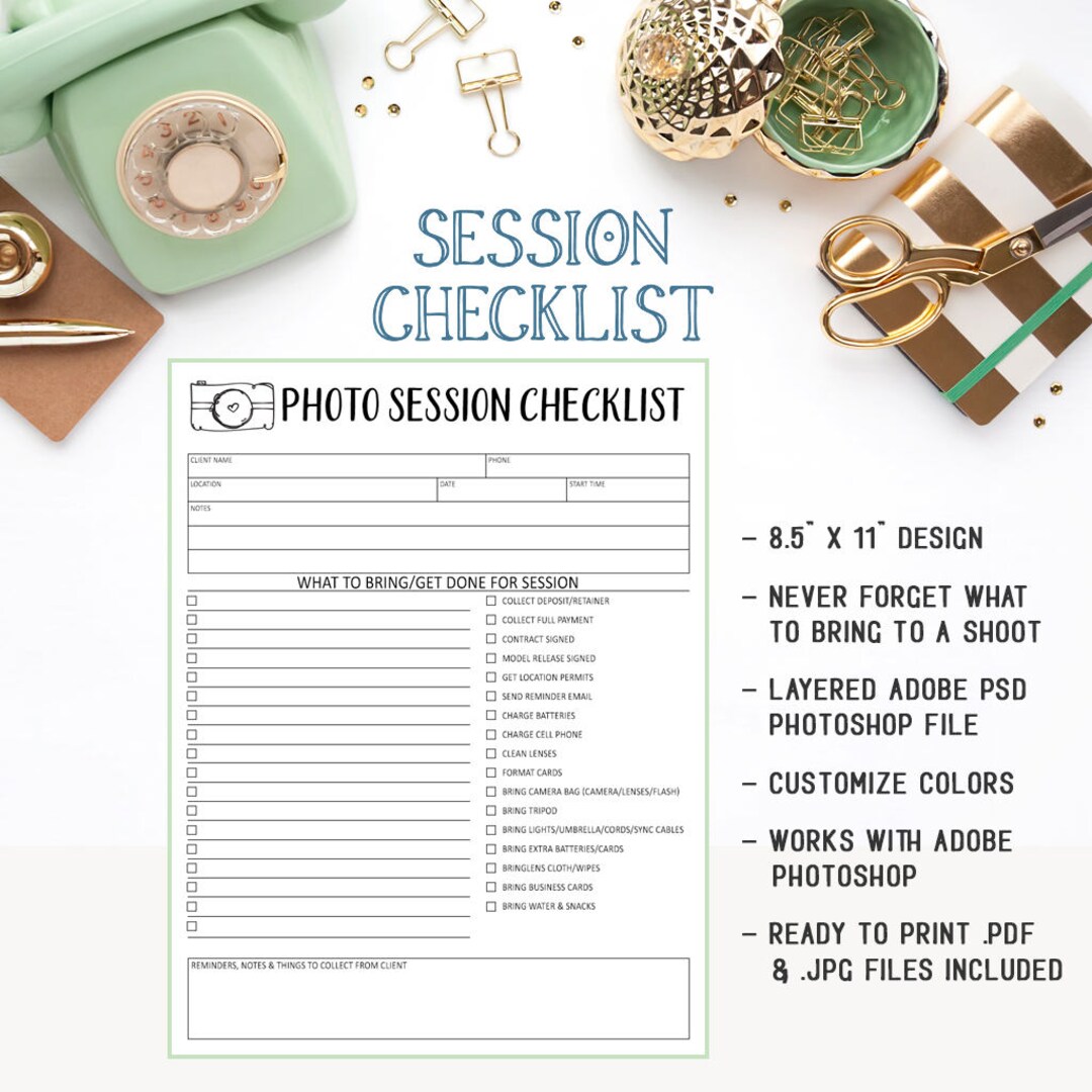Photography Session Checklist Form for Portrait & Wedding Photographers ...