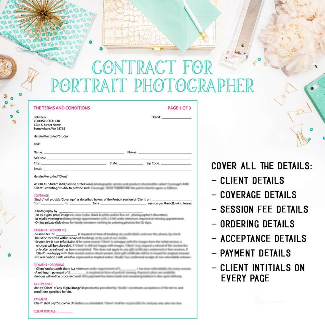 Pink & Black Portrait Photography Contract Template Available | Etsy