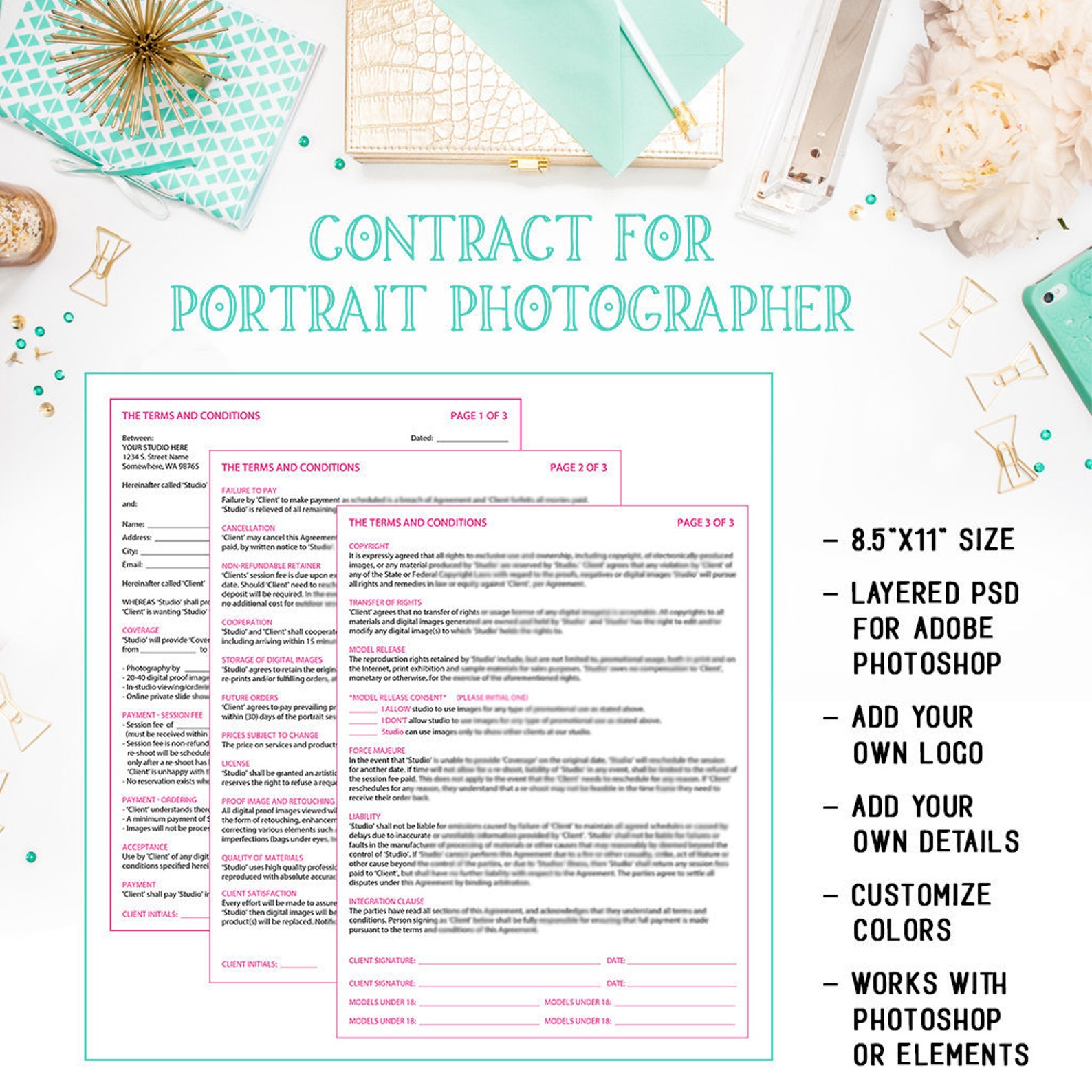 Pink & Black Portrait Photography Contract Template Available | Etsy
