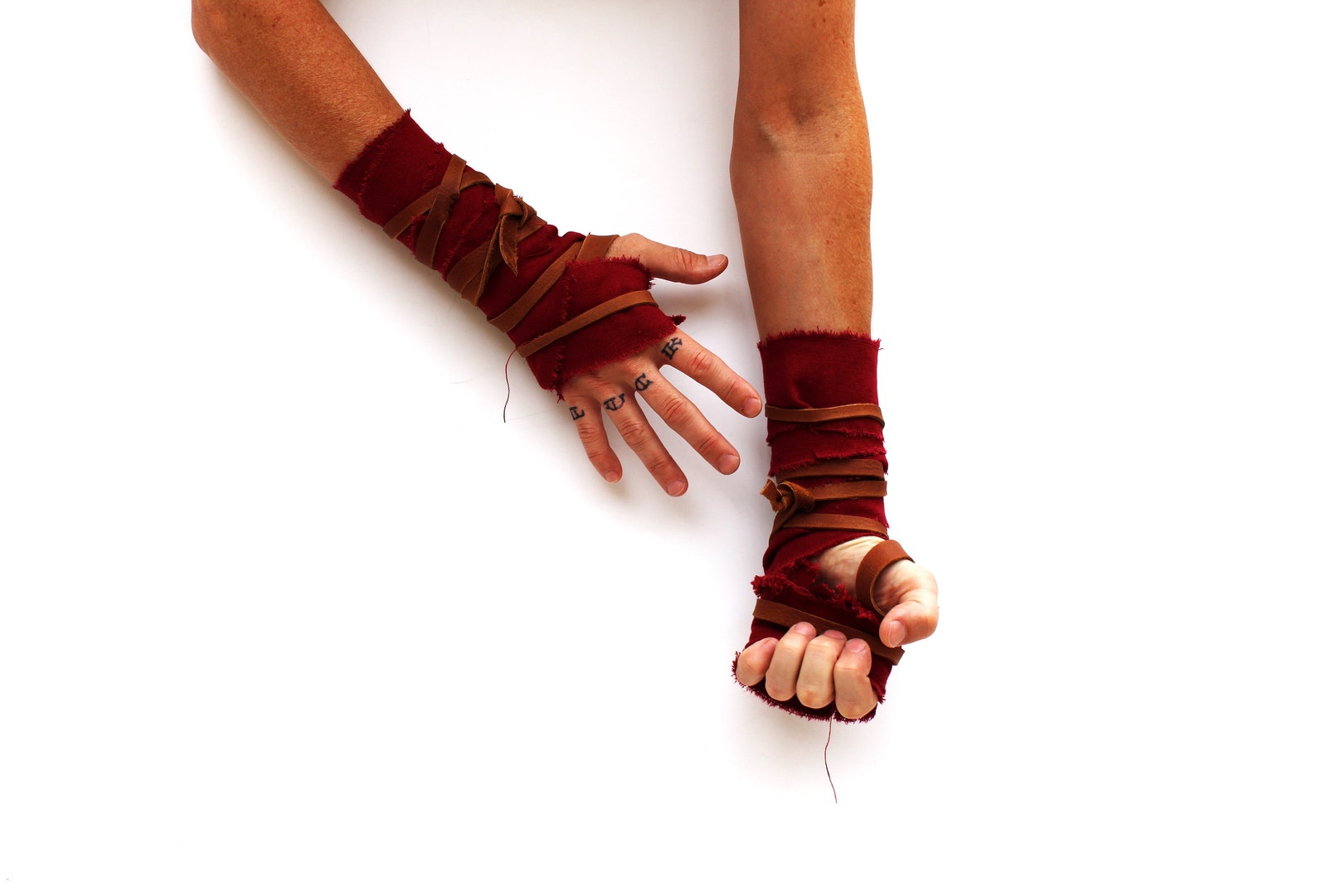 Distressed Hand Wraps, Primitive Oxblood Maroon Cotton Leather Fist ...