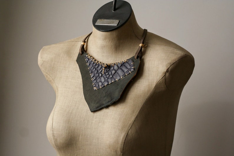 Primitive Leather Necklace Blue Gray Dragon Leather Chest - Etsy