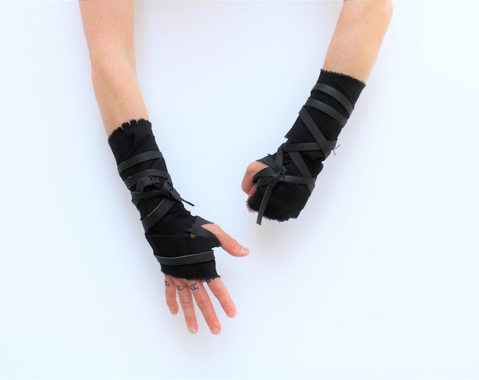 Distressed Black Cotton Hand Wraps, Primitive Leather Fist Wraps, Thumb ...