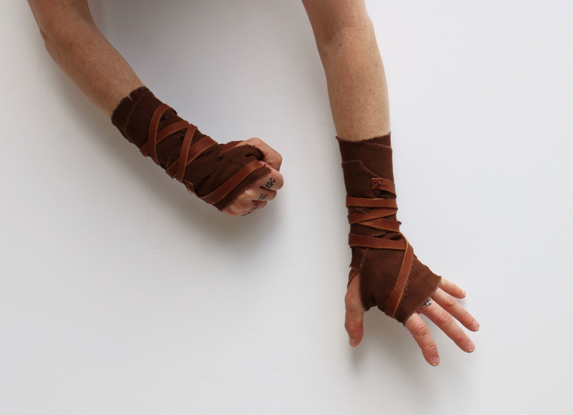 Distressed Brown Heavy Cotton Hand Wraps, Leather Thumb Loop, Gladiator ...