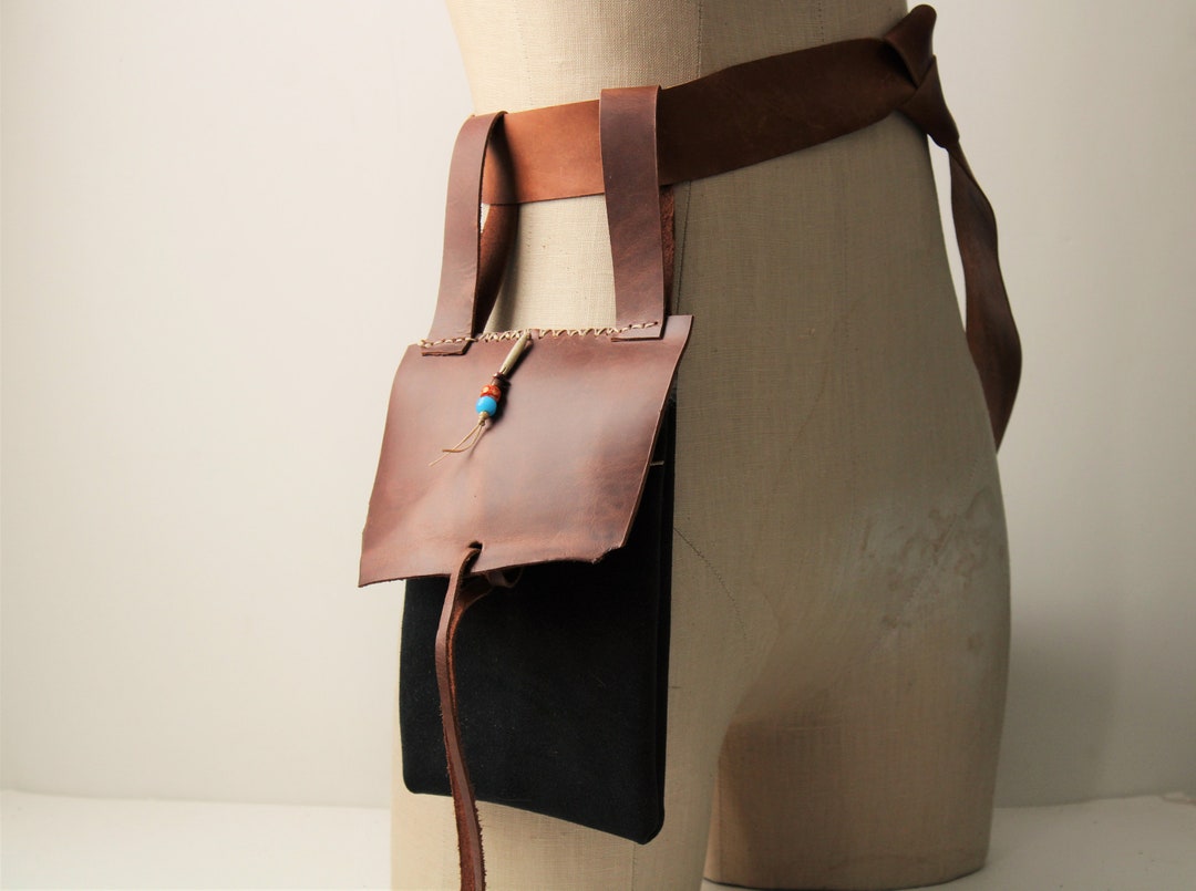 Primitive Distressed Suede Leather Hip Bag, Stitched Lightweight ...