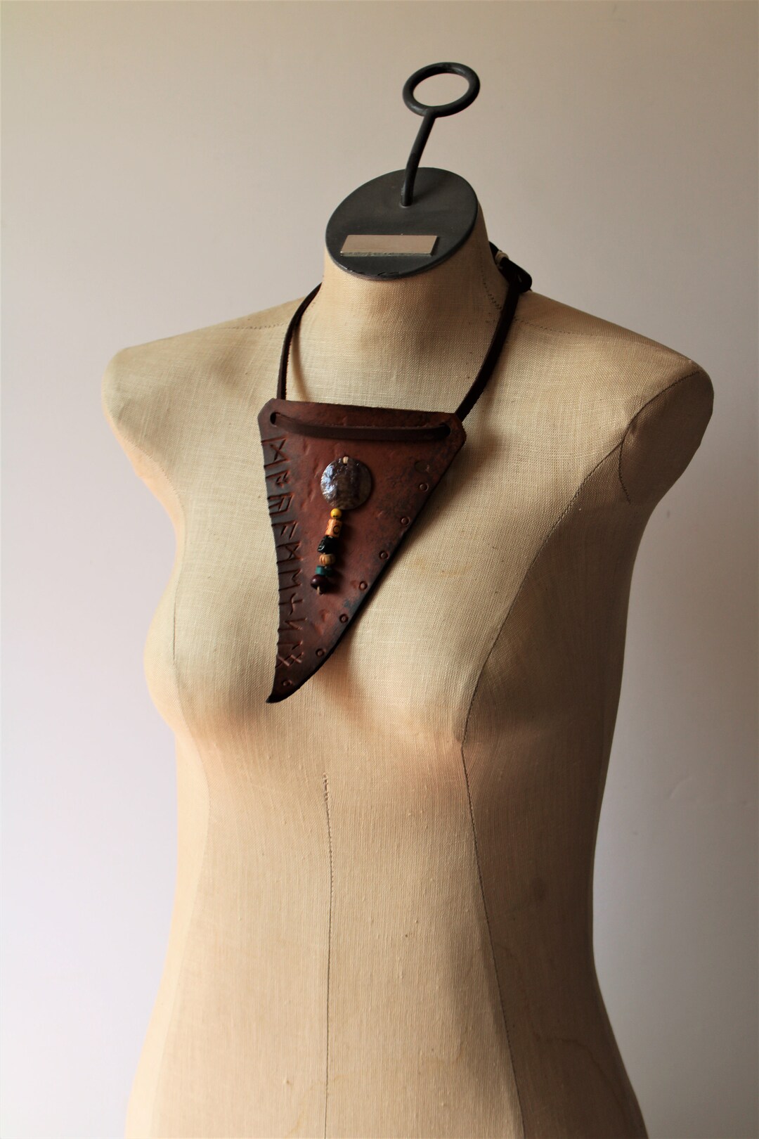 Primitive Leather Talisman Tribal Necklace, Carved Leather Runes, Glass ...
