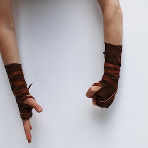 Distressed Brown Cotton Hand Wraps, Primitive Leather Fist Wraps, Thumb ...