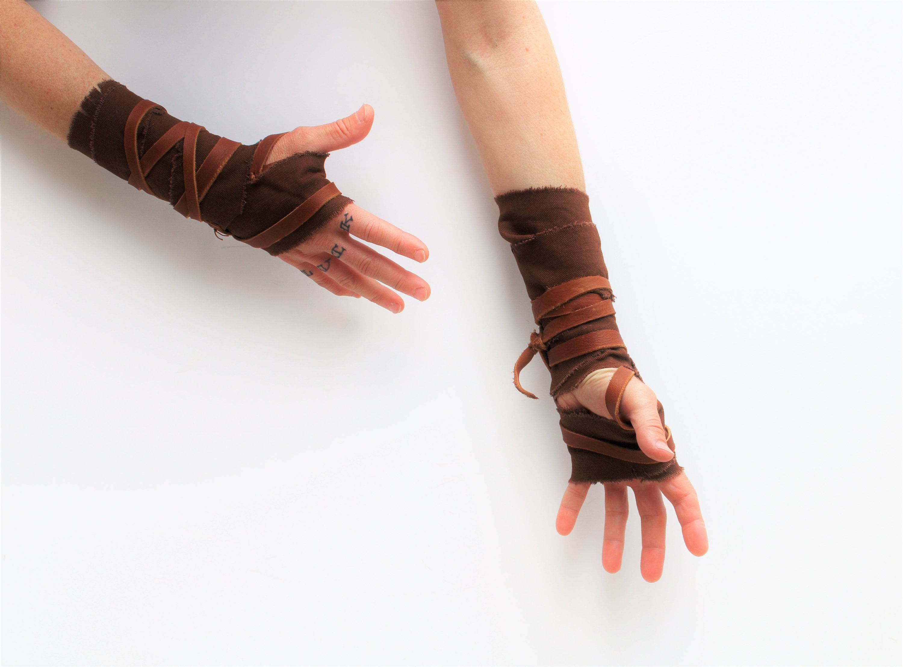 Distressed Brown Cotton Hand Wraps, Primitive Leather Fist Wraps, Thumb ...