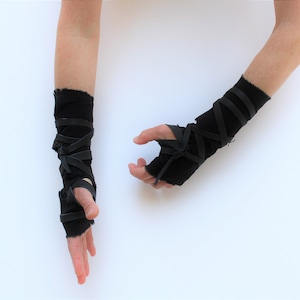 Distressed Black Cotton Hand Wraps, Primitive Leather Fist Wraps, Thumb ...
