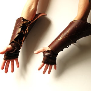 Heavy Leather Armor Vambraces With Linen Hand Wraps, Elven Leaf Wet ...