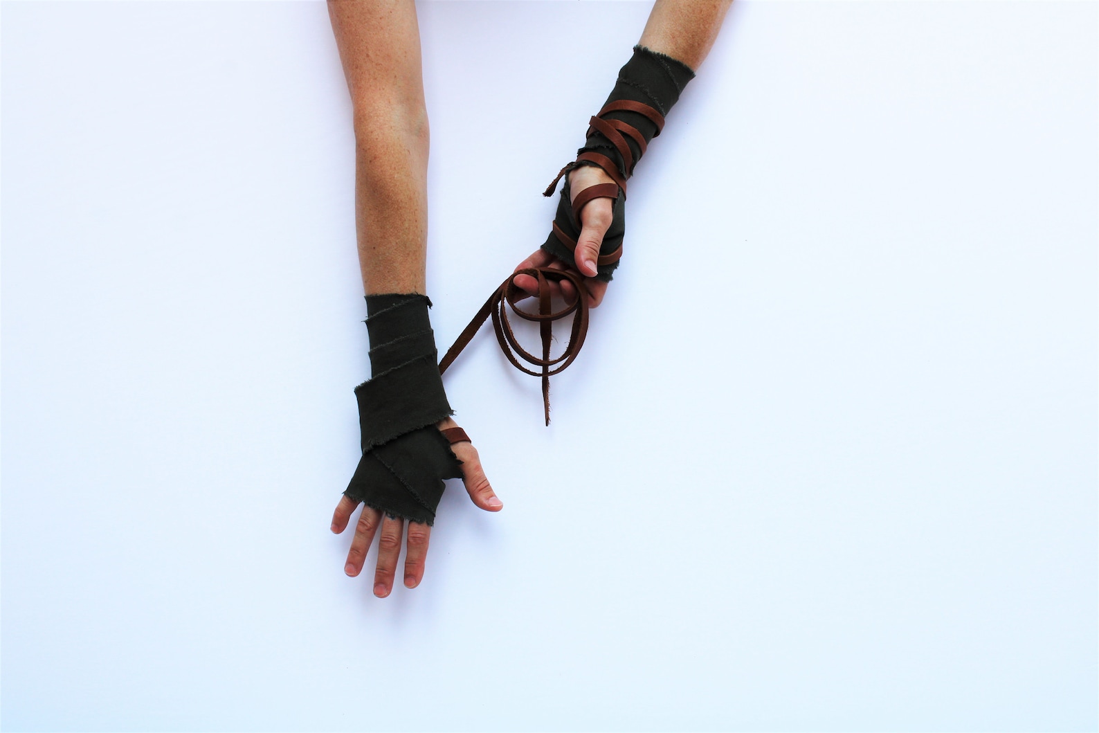 Distressed Cotton Leather Hand Wraps, Primitive Drab Green Fist Wraps ...