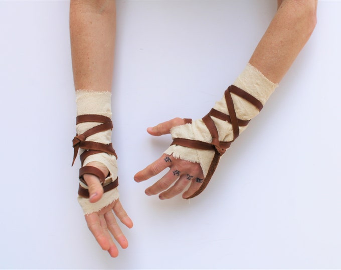 Distressed Undyed Cotton Hand Wraps, Primitive Leather Fist Wraps ...