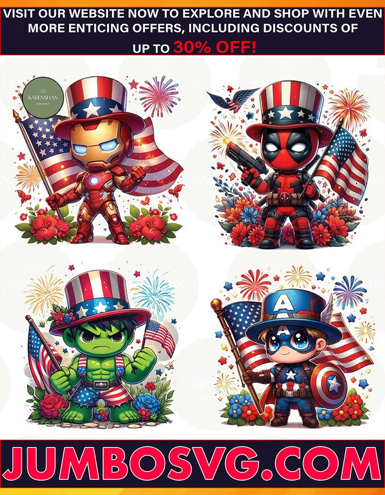 6 Superhero Fourth of July PNG Bundle, Superhero Independence Day ...