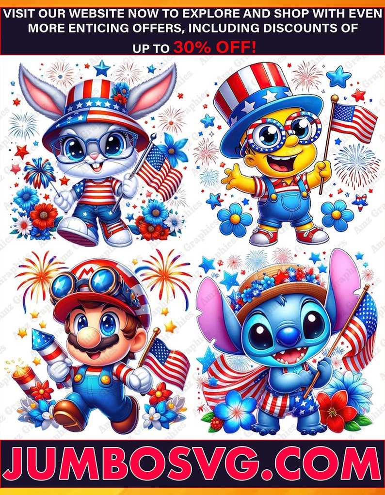 8 Funny Cartoon Fourth of July Png Bundle, Cartoon Independence Day Png ...