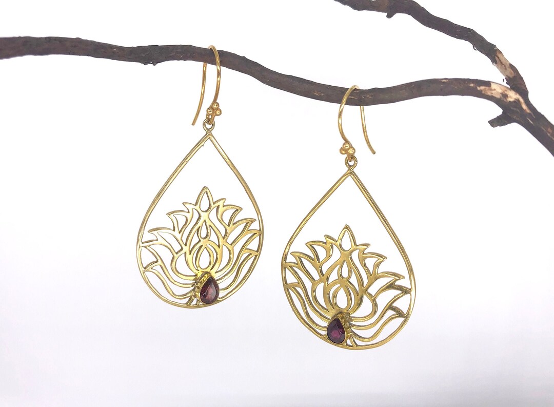 Lotus Earrings With Garnets / Gold Lotus Earrings / Gold Yoga Earrings ...