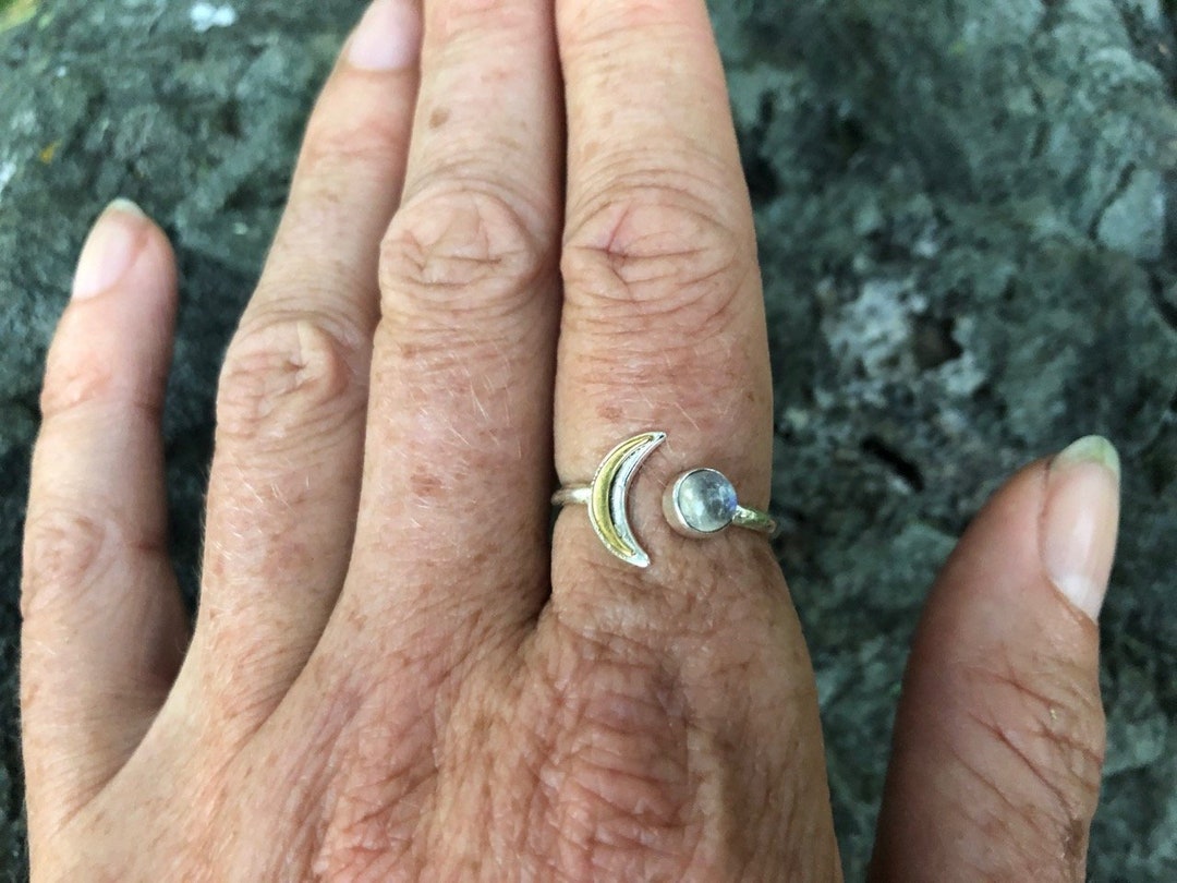 Sterling Silver Crescent Moon Ring With Rainbow Moonstone / Adjustable Moonstone Ring / Silver ...