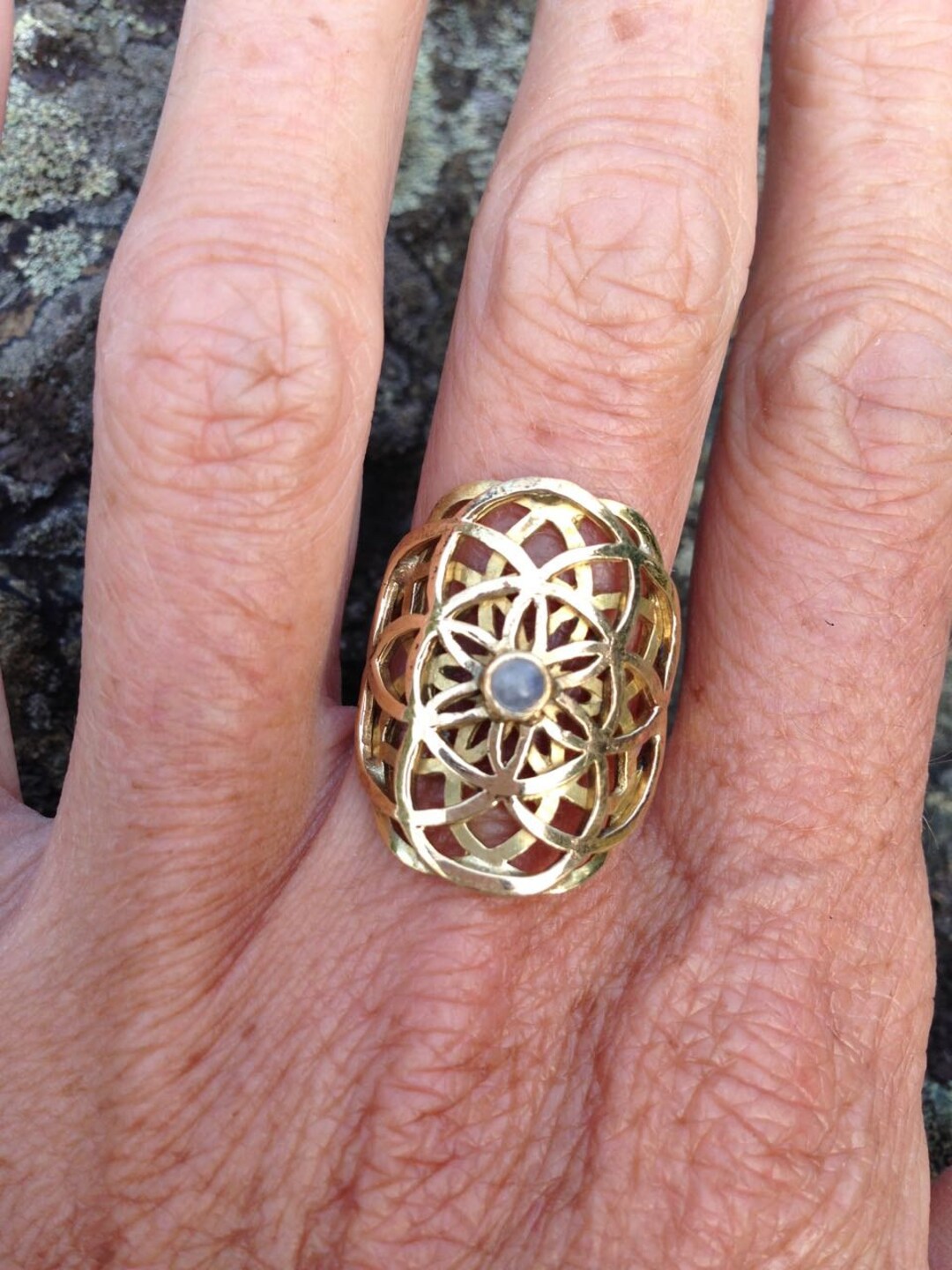 Brass Double Seed of Life Ring With Moonstone Crystal / Sacred Geometry ...