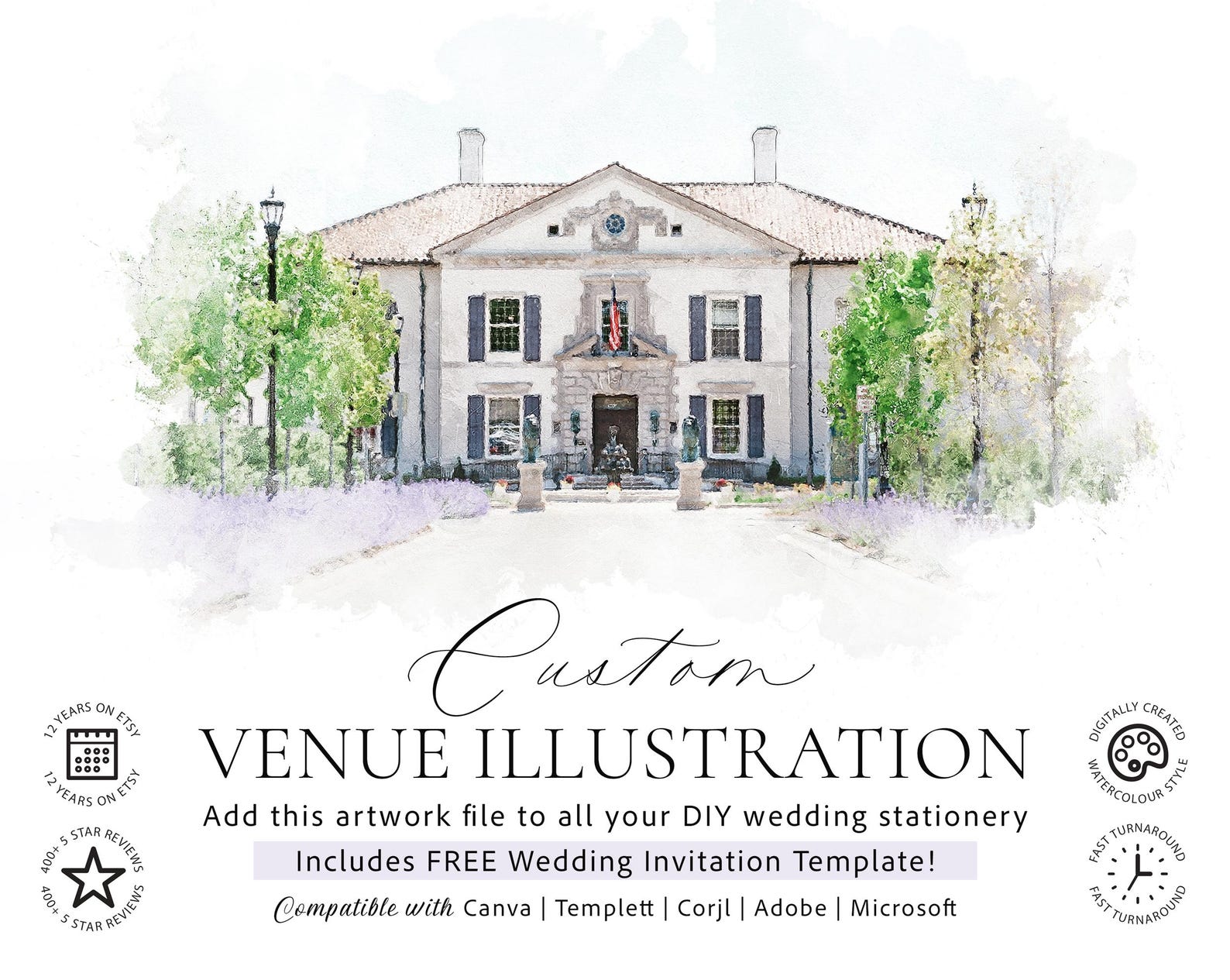 Wedding Venue Portrait Custom Venue, Digital Watercolor Art ...