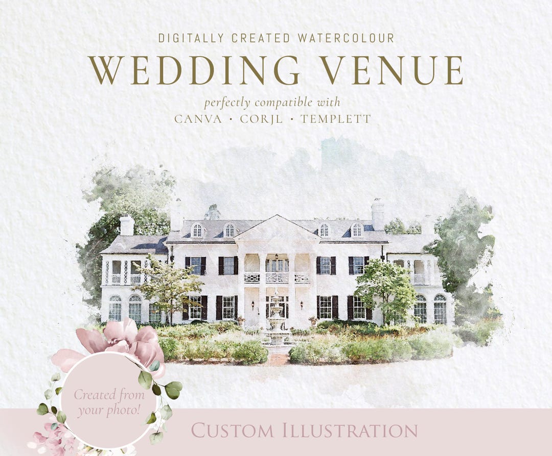 Custom Digital Venue Watercolor Illustration Wedding Venue Portrait Art ...