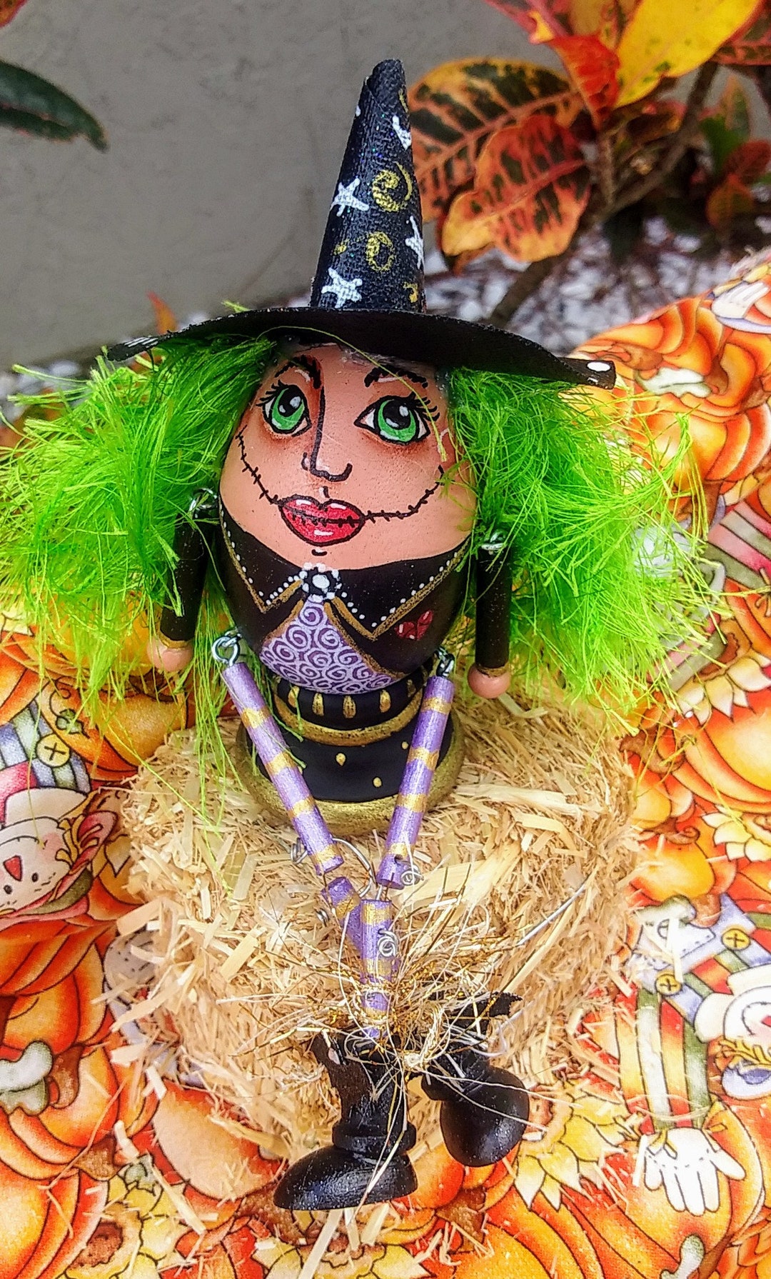 Witch Hand-painted Original Wooden Egg Signed and Dated Halloween Decor ...