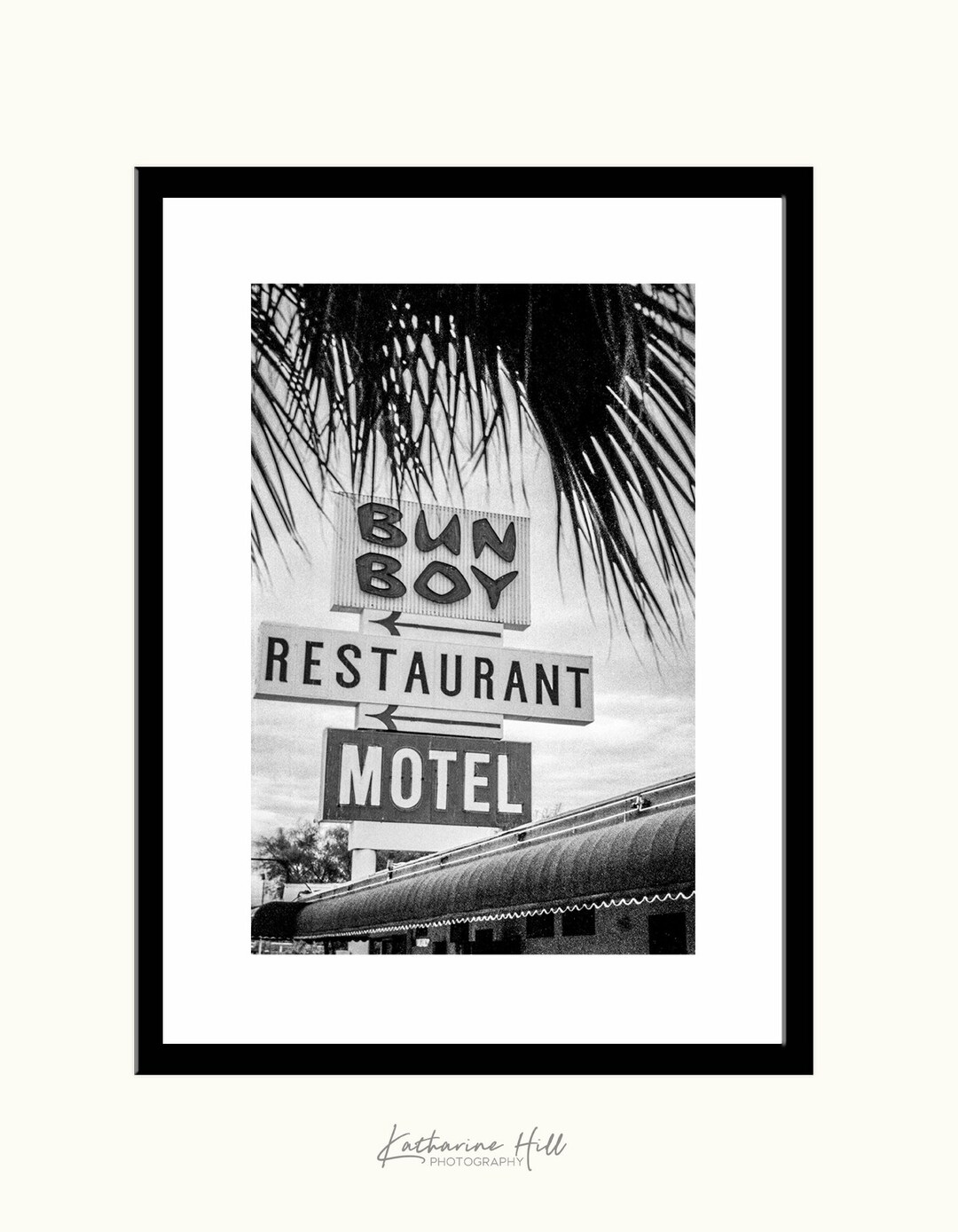 Vintage Black and White Bun Boy Motel Sign Photograph, Road Trip Travel ...