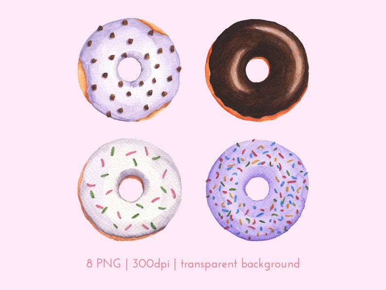 8 Watercolour Donut Clip Art Files, Instant Download Donut PNG, 300dpi ...