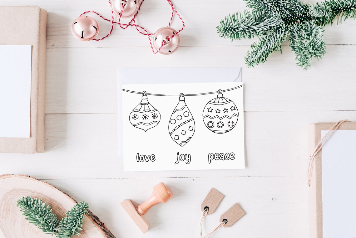 Printable Colouring Christmas Card, Love Joy Peace Colour-in Kids ...