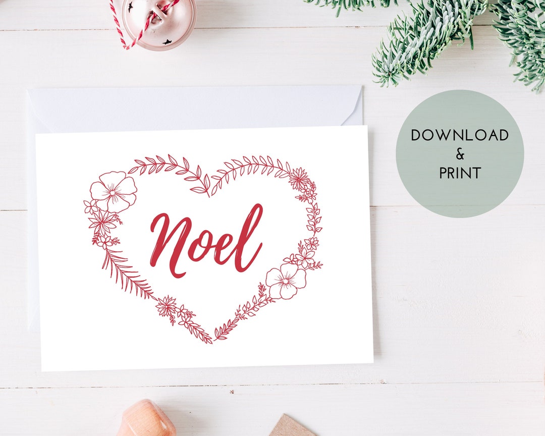 Printable Christmas Card, Noel, Christmas Wreath Heart, Instant ...